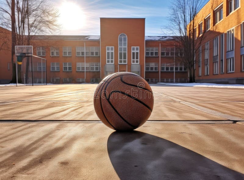 Public School Building. Exterior View of School with Basketball and ...
