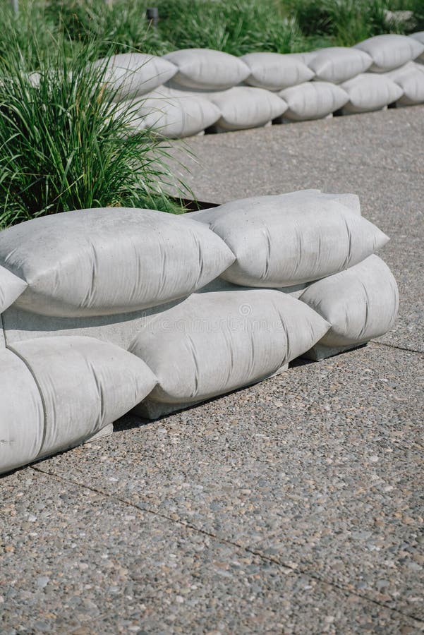 Public Seats Sandbags Arranged in Rows Made of Cement. Stock Photo ...