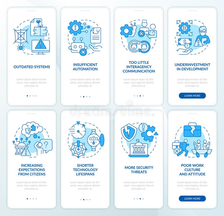 Public Sector Issues Blue Onboarding Mobile App Screen Set Stock Vector ...