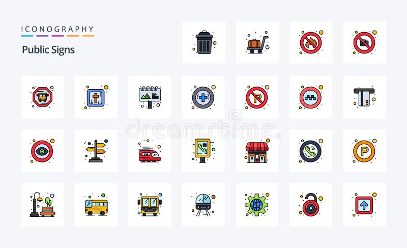 25 Public Signs Line Filled Style Icon Pack Stock Vector - Illustration ...