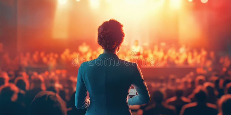 Public Speaking Event with Female Speaker Addressing Large Audience in ...