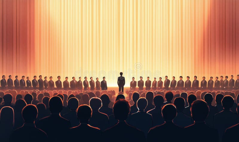 Public Speaking Event with Speaker Addressing Large Audience, Dramatic ...