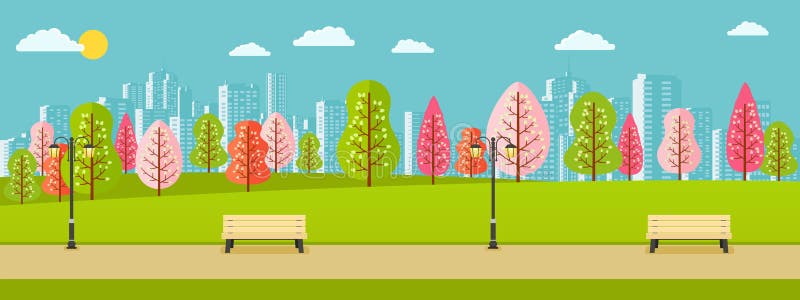 Public Spring Park with Pink, Red, Green Trees. Stock Vector ...