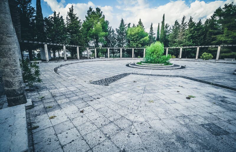 Public Square with Empty Road and Green Trees, Dark Style Stock Image ...