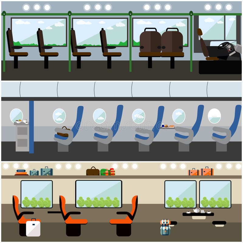 Public Transport Interior Concept Vector Banners Set. Bus, Train and ...