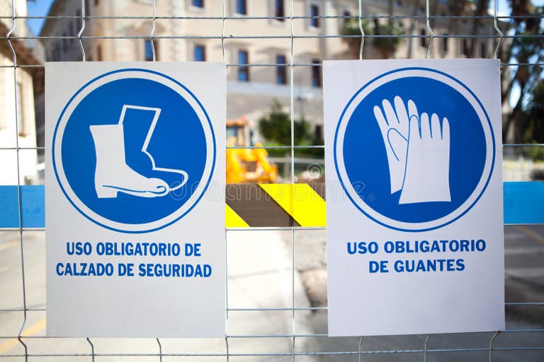 Public Works Signs, Text in Spanish. Stock Photo - Image of excavator ...
