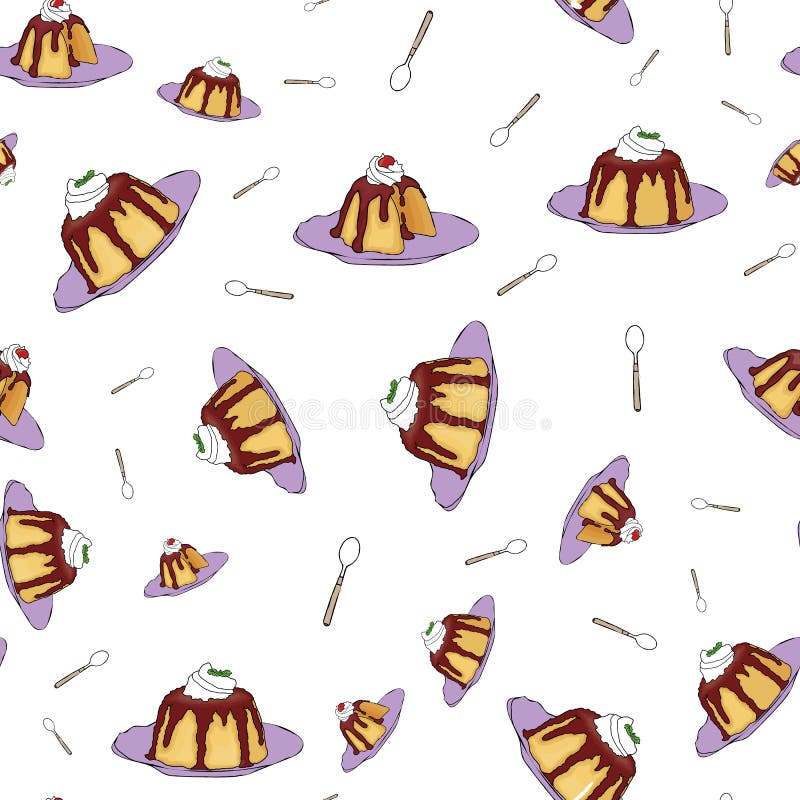 Pudding Chocolate Topping and Spoon White Seamless Vector Pattern ...