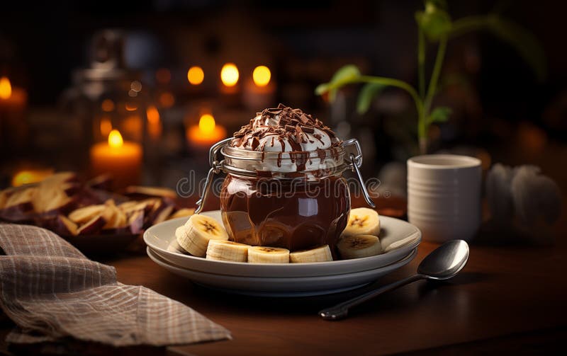 Pudding in Glass Containers with a Banana on a Dark Background Stock ...