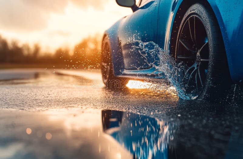 In the Puddle, the Car is Driving and Splashing. Stock Image - Image of ...
