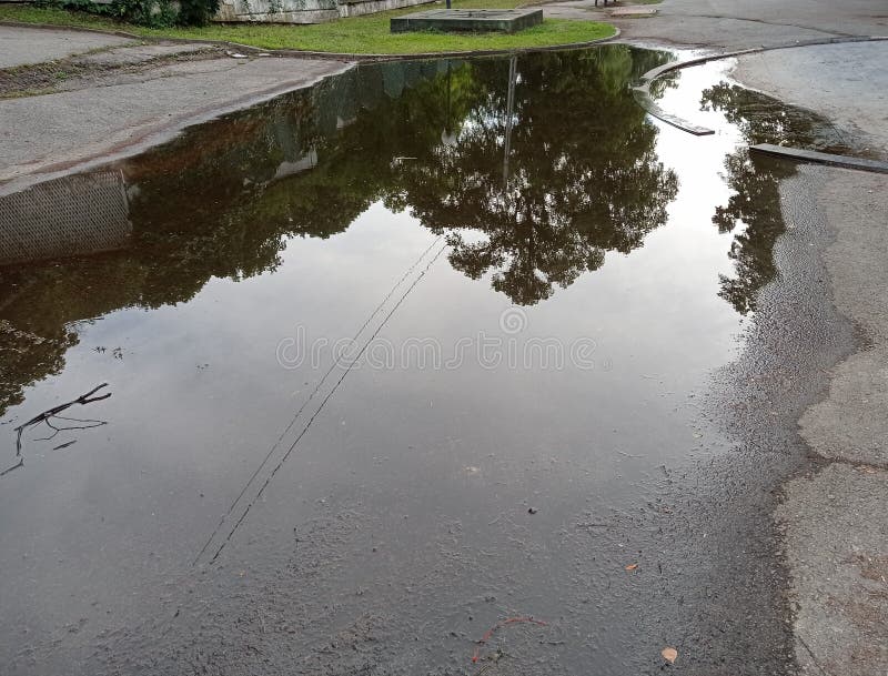 Puddle on a Cement Sidewalk Stock Photo - Image of sidewalk, water ...