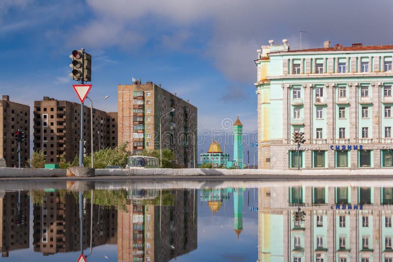 Puddle City Reflection, Norilsk Editorial Photo - Image of damp, center ...
