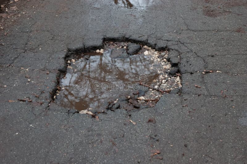 Puddle in a Deep Hole in an Asphalt Road Stock Image - Image of ...