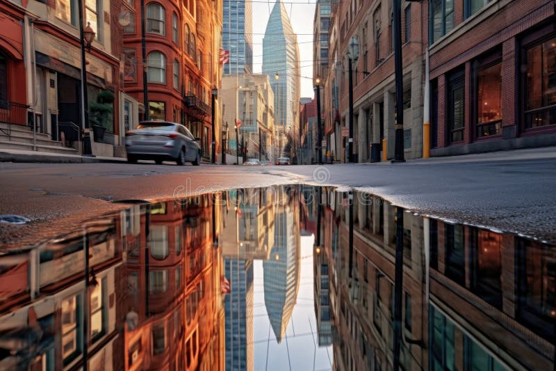 Puddle Distorting Reflection of City Buildings Stock Image - Image of ...