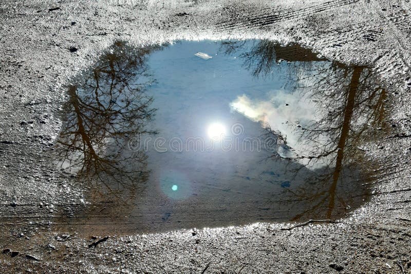 Puddle on the Ground with a Reflection of the Blue Sky and the Bright ...
