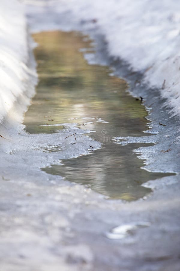 Puddle of Melted Snow on the Road and Reflection in it, Abstraction ...