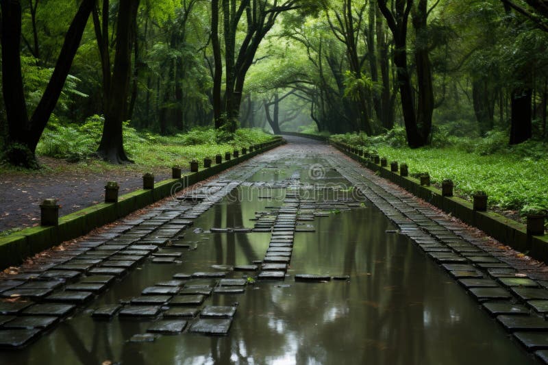 A Puddle in the Middle of a Forest Path, AI Stock Image - Image of ...