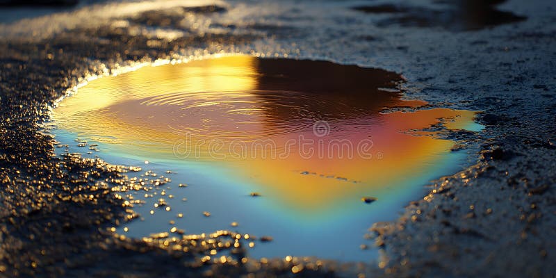 A Puddle on Pavement Reflecting Light with Rainbow Colors and Ripples ...