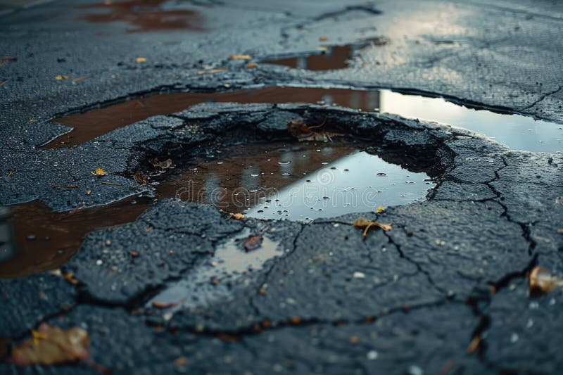 Puddle in a Pothole in the Asphalt on the Road Stock Image - Image of ...