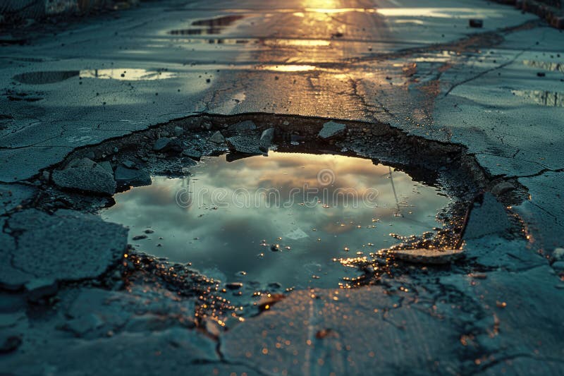 Puddle in a Pothole in the Asphalt on the Road Stock Image - Image of ...