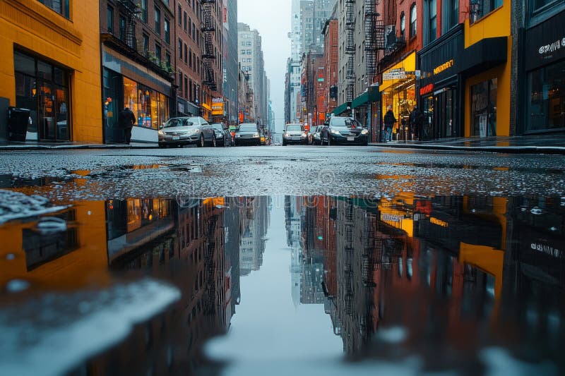 Puddle Reflecting City Street and Buildings after Rain Stock Photo ...
