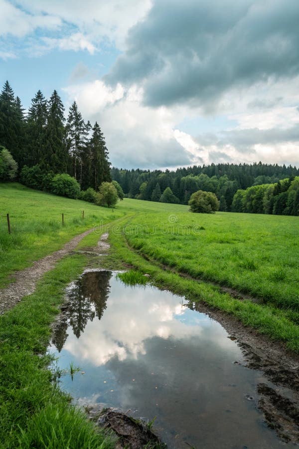 Puddle Reflecting Clouds in a Green Field, Forest Background, Nature ...