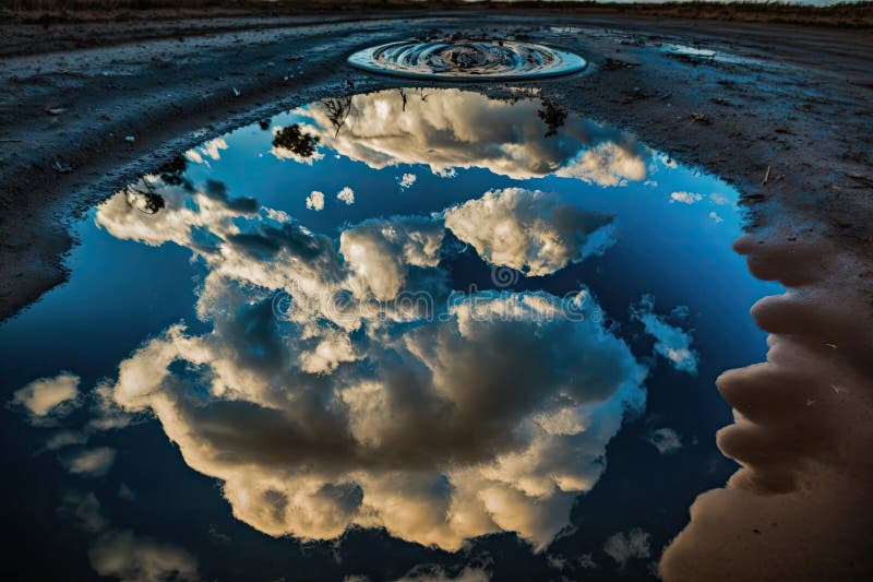 Puddle Reflecting the Clouds and Sky, with a Hint of Blue Visible Stock ...