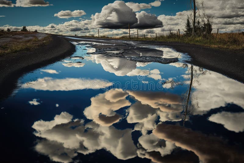 Puddle Reflecting the Clouds and Sky, with a Hint of Blue Visible Stock ...