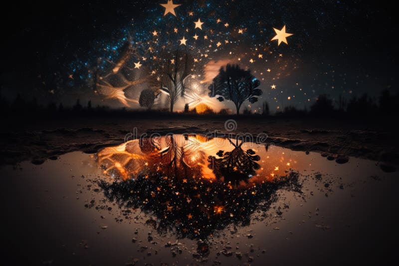 Puddle, Reflecting the Night Sky with Stars Shining Above Stock ...