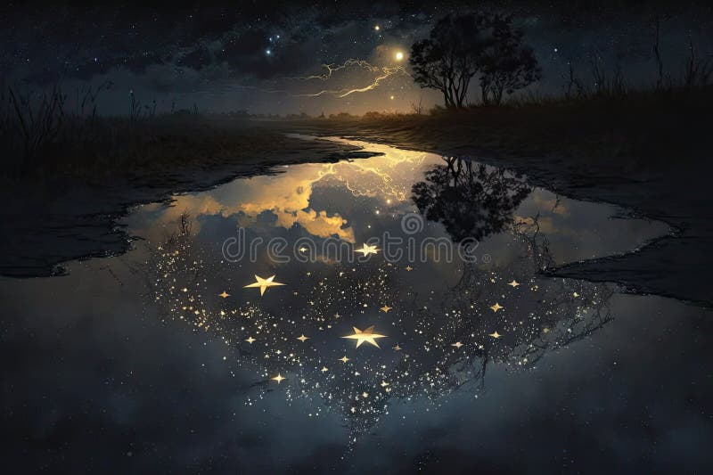 Puddle, Reflecting the Night Sky with Stars Shining Above Stock ...