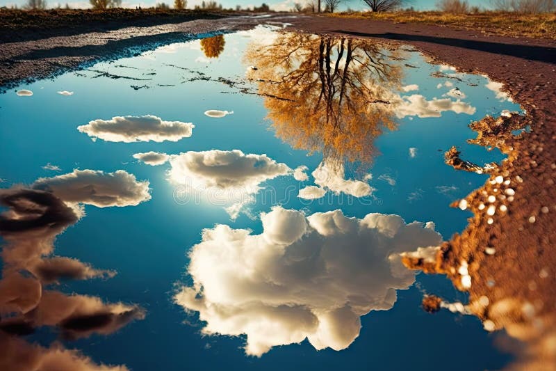 Puddle Reflecting the Sky on a Bright and Sunny Day Stock Illustration ...