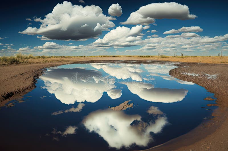 Puddle Reflecting the Sky and Clouds on a Clear Day Stock Illustration ...