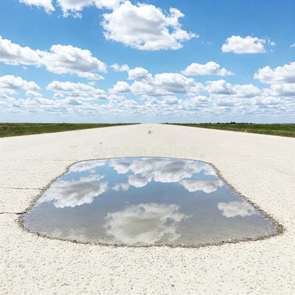 A Puddle with the Reflection of Clouds in the Middle of a Long Road ...