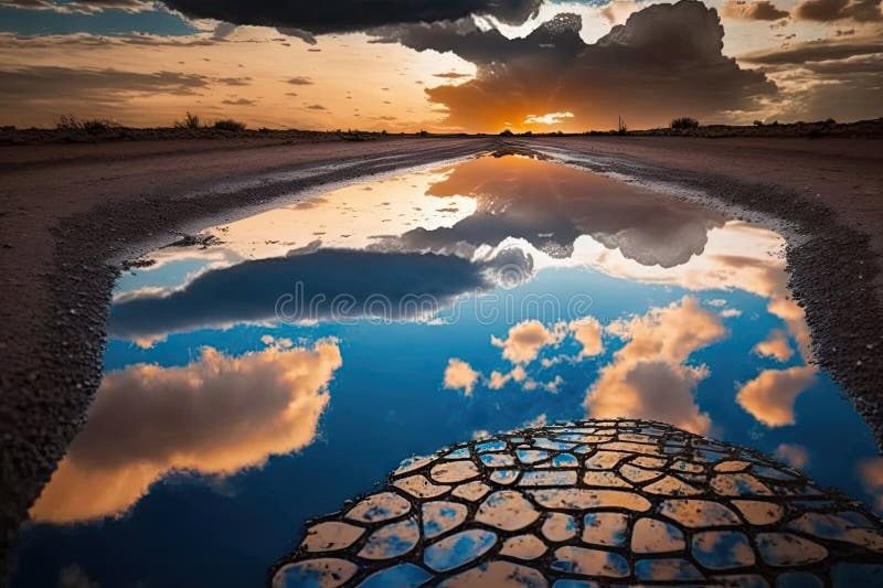 Puddle with Reflection of Falling Rain and Cloudy Sky Stock ...