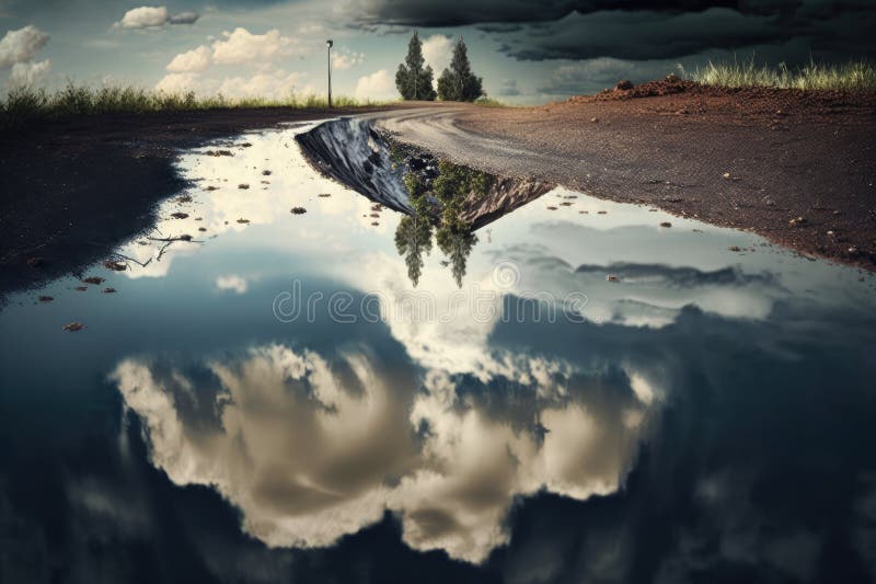 Puddle with Reflection of Falling Rain and Cloudy Sky Stock ...