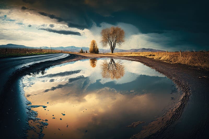 Puddle with Reflection of Falling Rain and Cloudy Sky Stock ...