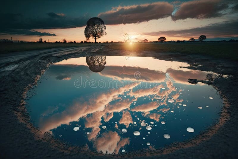 Puddle with Reflection of the Sky and Clouds, Creating a Peaceful ...
