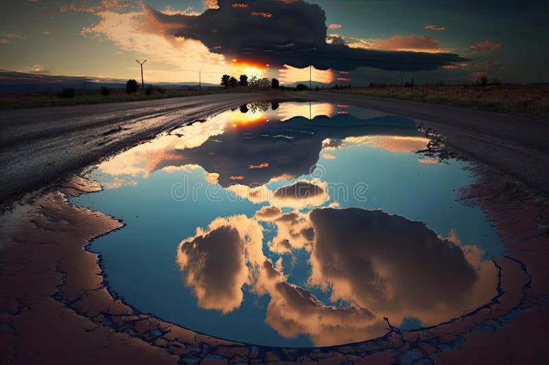 Puddle with Reflection of the Sky and Clouds after Rainstorm Stock ...