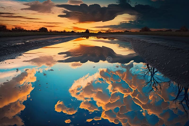 Puddle with Reflection of the Sky, Showing the Colors of the Clouds ...