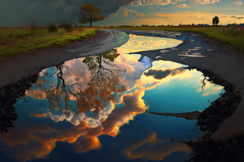 Puddle with Reflection of the Sky, Showing the Colors of the Clouds ...