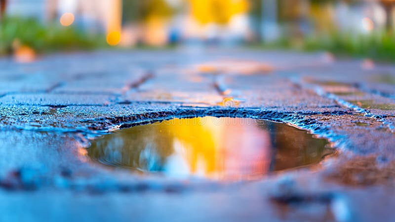Puddle Reflection on Wet Pavement after Rain Creates Urban Scene Stock ...