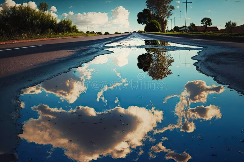 Puddle with Reflections of the Sky and Clouds in a Warm Summer Day ...