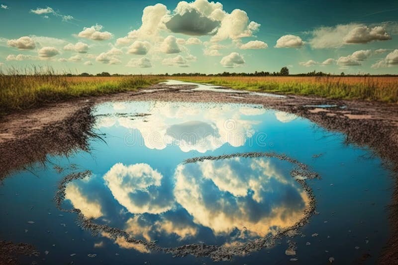 Puddle with Reflections of the Sky and Clouds in a Warm Summer Day ...