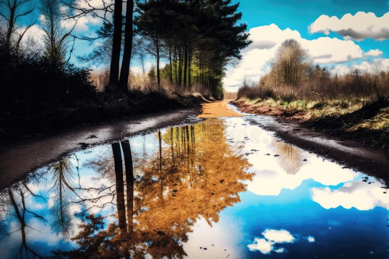 Puddle with Reflections of the Sky and Trees on a Quiet Forest Trail Stock Photo - Image of ...