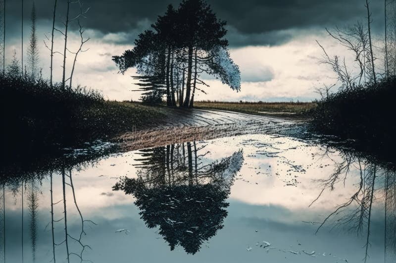 Puddle with Reflections of the Sky and Trees during a Rainstorm Stock ...