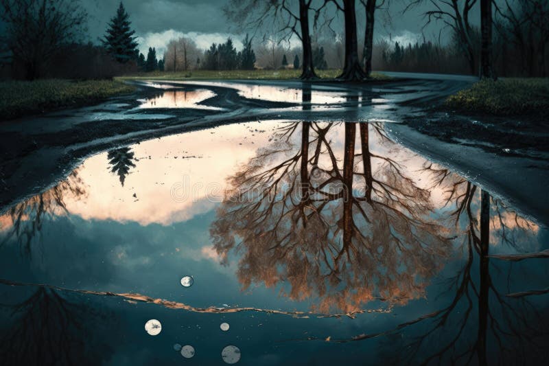 Puddle with Reflections of the Sky and Trees during a Rainstorm Stock ...