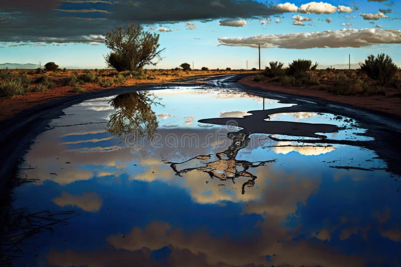Puddle with Reflections of the Surrounding Scenery and Sky Stock ...