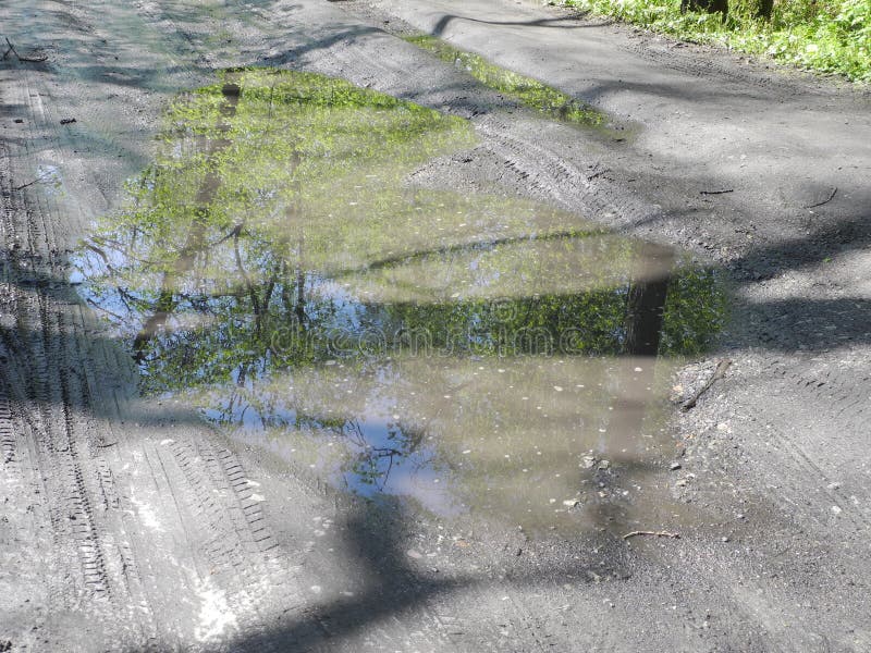 Puddle on the Road after Rain in Autumn in Spring Water Reflection in ...