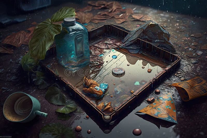 Puddle Surrounded by Forgotten Items and Trash, with Rain Still Coming ...