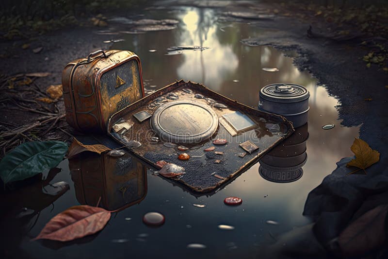 Puddle Surrounded by Forgotten Items and Trash, with Rain Still Coming ...