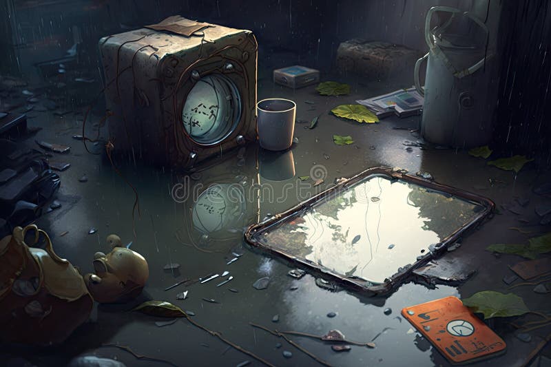 Puddle Surrounded by Forgotten Items and Trash, with Rain Still Coming ...